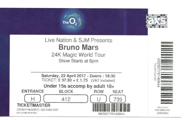 RARE / TICKET Billet Concert - Bruno Mars : Live Londres London England ...