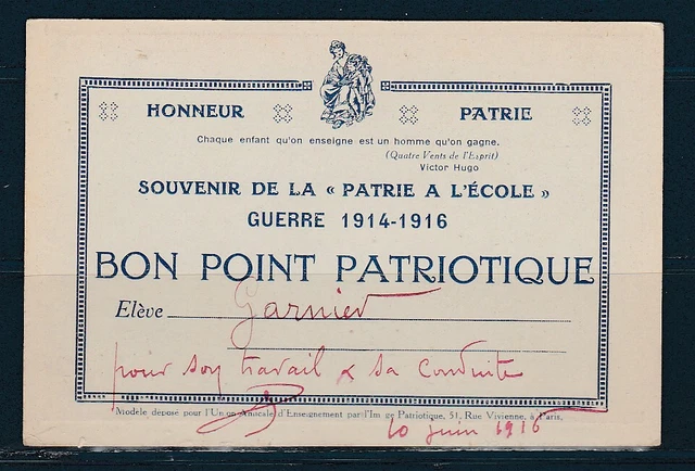 CARTE BON POINT patriotique la patrie a l'école guerre 1914-1916 EUR 5 ...