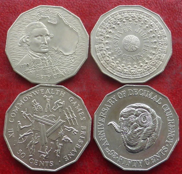 FOUR COMMEMORATIVE FIFTY Cents Coins From Australia / Lot 626 $12.53 ...