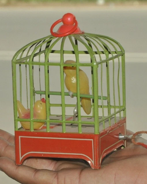 VINTAGE WIND UP Unique Bird & Baby In Cage Colorful Celluloid Toy ...