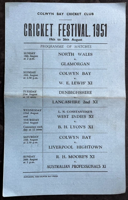CRICKET PROGRAMME COLWYN BAY FESTIVAL 1951 CONSTANTINE'S (WEST INDIES ...