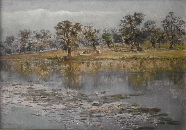 FIGURES ON THE Far Side Of A Lily Pond Oil Painting 1878 Duncan ...