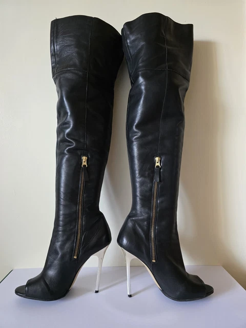 UK 6 HIGH heels thigh boots black gold leather EU 39 stilettos peep toe sexy £52.72 - PicClick UK