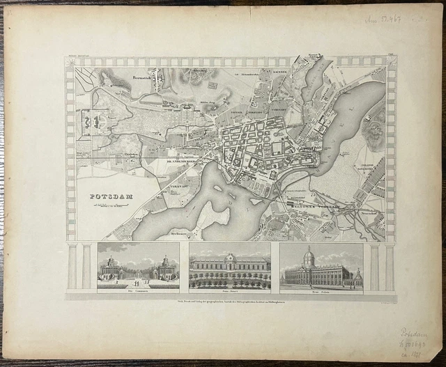 STADTPLAN VON POTSDAM, darunter 3 Teilansichten, Stahlstich von J ...