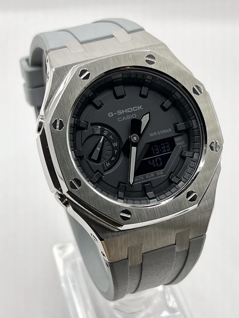 CASIO G-SHOCK GA-2100-1A1ER -RubberCasioak Mod- Silver Case Grey Strap ...