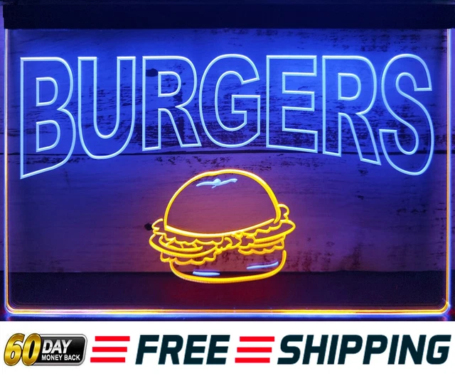 BURGERS HAMBURGERS LED Neon Light Sign Food Restaurant Open Wall Art ...