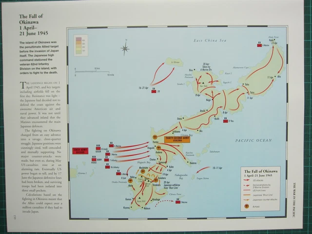 WW2 WWII MAP The Fall Of Okinawa 1 Apr - 21 June 1945 Us Attacks ...