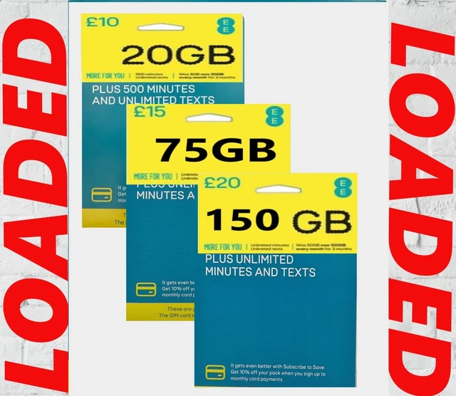 PRELOADED 20GB - 75GB - 150GB Data EE Sim Card WIFI MIFI DONGLE Phone £ ...