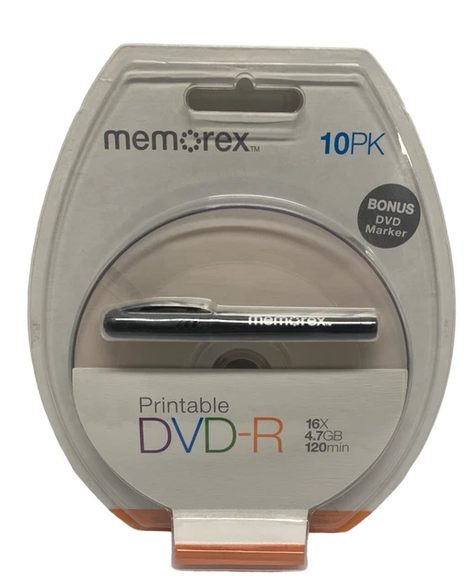 MEMOREX PRINTABLE DVD-R 10 Pack with DVD Marker 16X 4.7 GB 120 Min ...