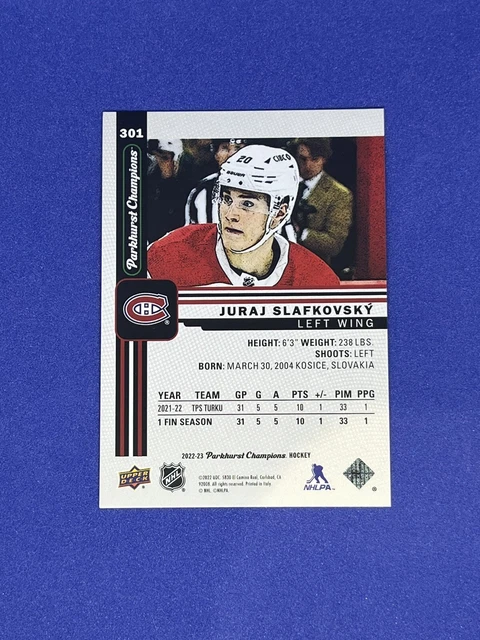 22-23 UD PARKHURST Champions Rookie JURAJ SLAFKOVSKY #301 Montreal Canadiens SP $0.49 - PicClick CA