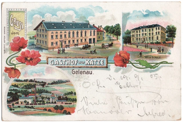 ALTE LITHO-AK GELENAU, Gruss vom Gasthof zur Katze, gelaufen 1905 EUR 26,49 - PicClick DE