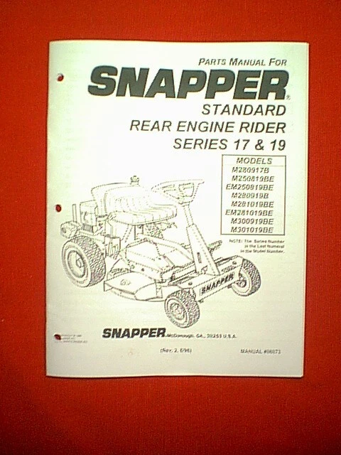 SNAPPER REAR ENGINE Riding Mower Series 17 & 19 Parts Manual $16.00 ...