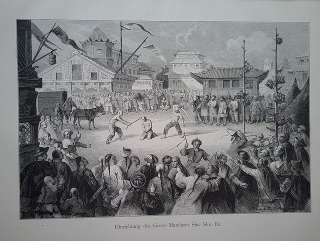 EXECUTION OF THE Great Mandarin Shu-Shu-En, Woodcut 1882 Emile Bayard ...
