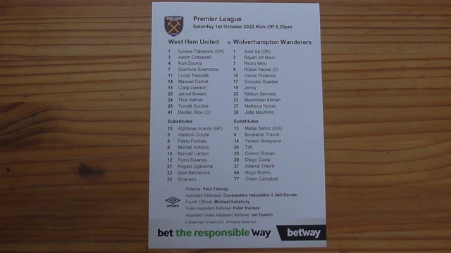 WEST HAM UNITED V Wolves Team Sheet 1St October 2022 £1.00 - PicClick UK