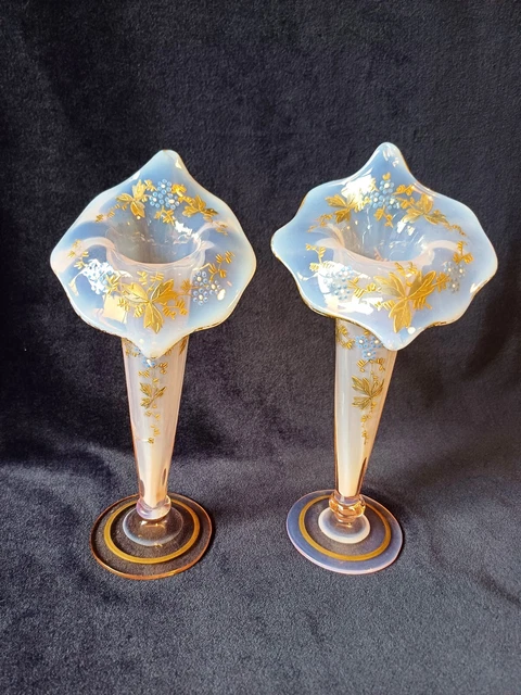 TWO VICTORIAN VASELINE Opalescent Jack In The Pulpit Glass Vases £99.99 ...
