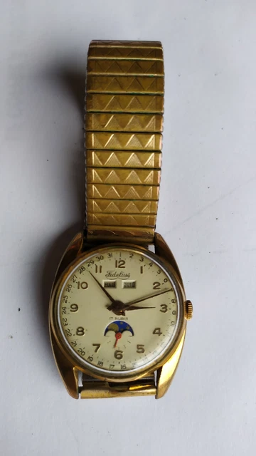 ANCIENNE MONTRE HOMME Fidelius SWISS Plaqué Or 17 RUBIS Fonctionne ...