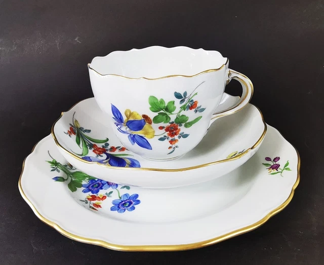 MEISSEN KAFFEEGEDECK KAFFEETASSE Gedeck 3 teilig bunte Blumen Gold Top ...