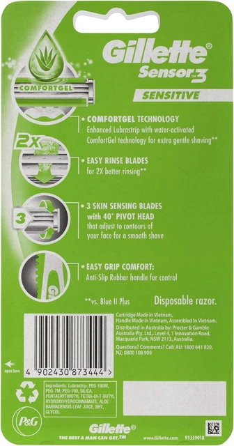 GILLETTE SENSOR 3 Sensitive 4 Disposable Razors 4 Pack, $11.38 ...