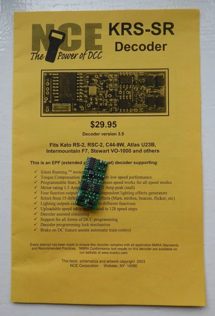 NCE KRS-SR LOCOMOTIVE Decoder DCC for Kato/Intermountain/Stewart Locos ...