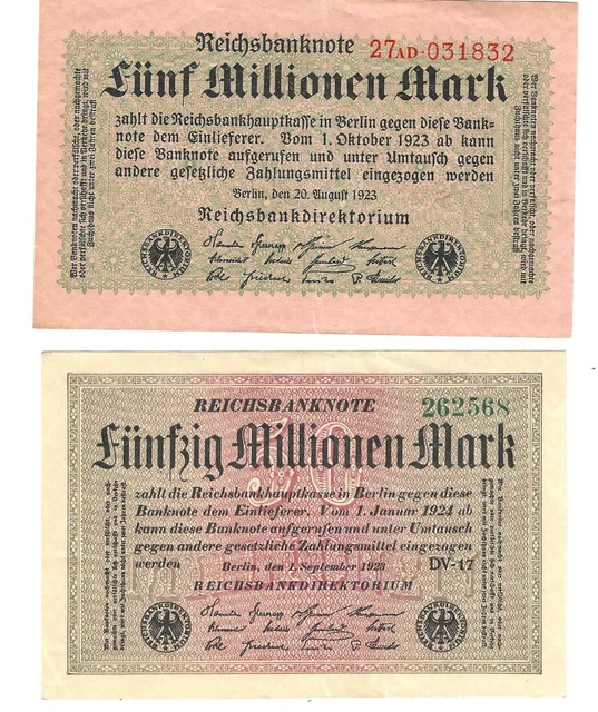 TWO GERMAN WEIMAR Inflation Funf & Funfzig Millionen Mark Notes ... TWO GERMAN WEIMAR Inflation Funf & Funfzig Millionen Mark Notes ...