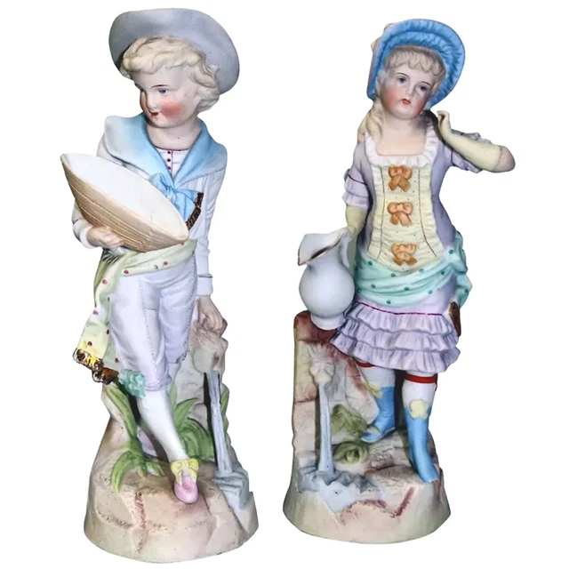 LARGE PAIR OF antique Victorian Bisque Pottery Children Figures 27.5cm ...