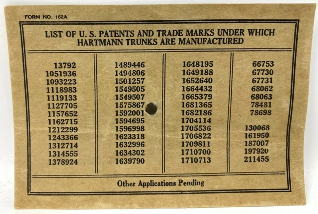 VINTAGE 1920S HARTMANN Trunk US Patents Trade Mark List Paper Tag $7.50 ...