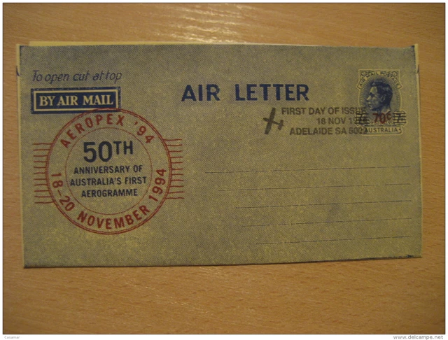 50TH ANNIVERSARY FIRST Aerogramme Air Letter Adelaide 1994 Air Mail ...