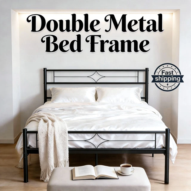 HEAVY DUTY METAL Bed Frame Double 135x190cm Black Headboard Footboard ...