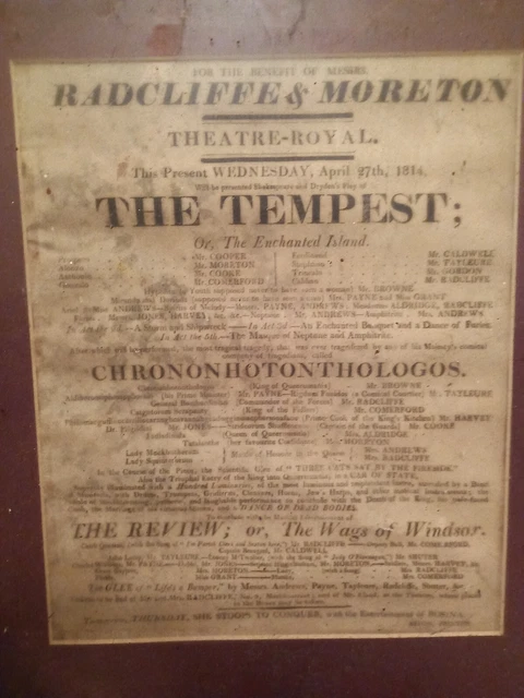 THEATRE ROYAL POSTER. Shakespeare's THE TEMPEST April 27th 1814 ...