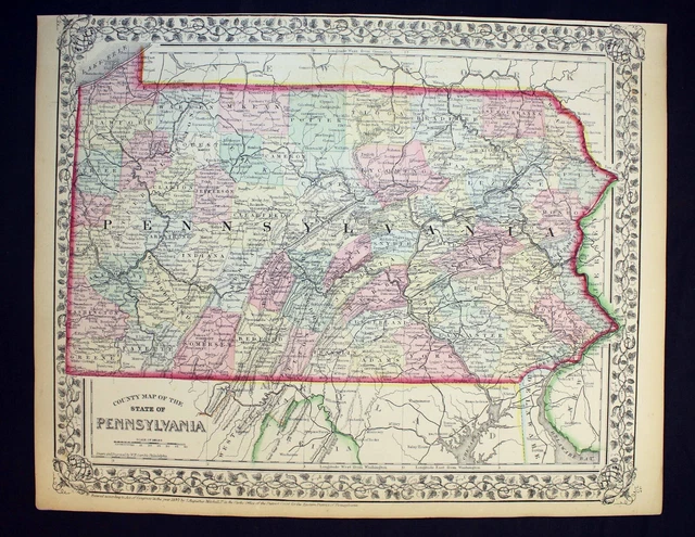 ANTIQUE 1870 COLOR Map Pennsylvania County Map Mitchell £30.30 ...