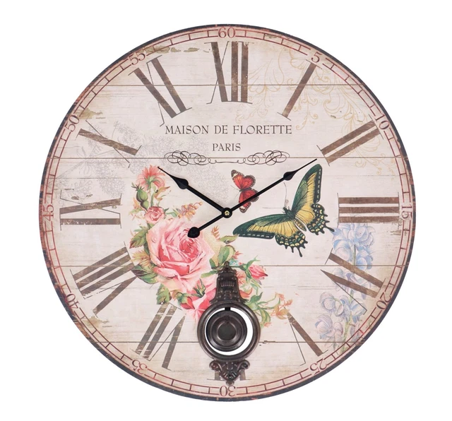 HORLOGE MUR TOUR Pendule Bois Mur Cuisine Vintage Papillons Horloges ...