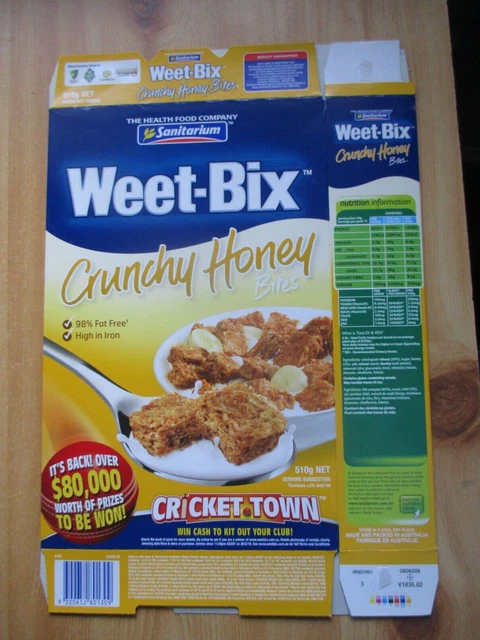 EMPTY CEREAL PACKET Sanitarium Weet-Bix Crunchy Honey Bites "Cricket ...