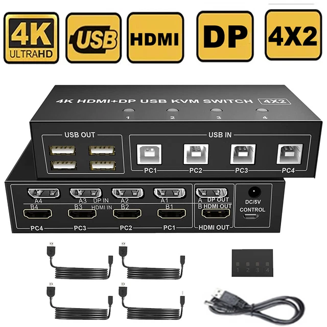 4 PORT DUAL Monitor HDMI+Displayport KVM Switch 4X2 4K@60Hz USB DP KVM ...