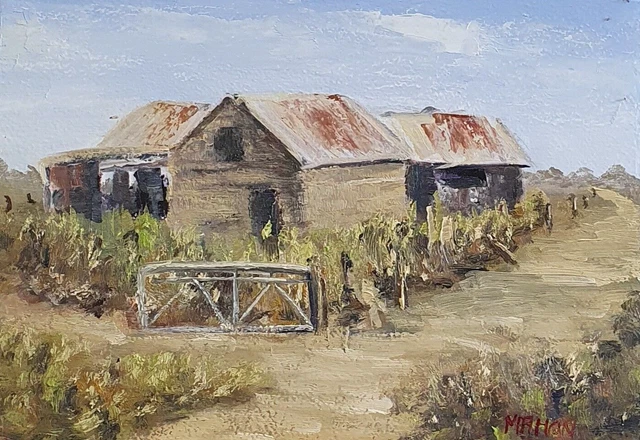 AUSTRALIAN ORIGINAL LANDSCAPE Oil Painting Old butter Factory Shed ...