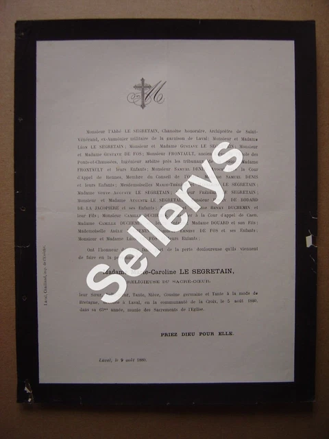 FAIRE-PART DE DÉCÈS de Madame Marie Caroline LE SEGRETAIN Religieuse Laval 1880 EUR 24,90 ...