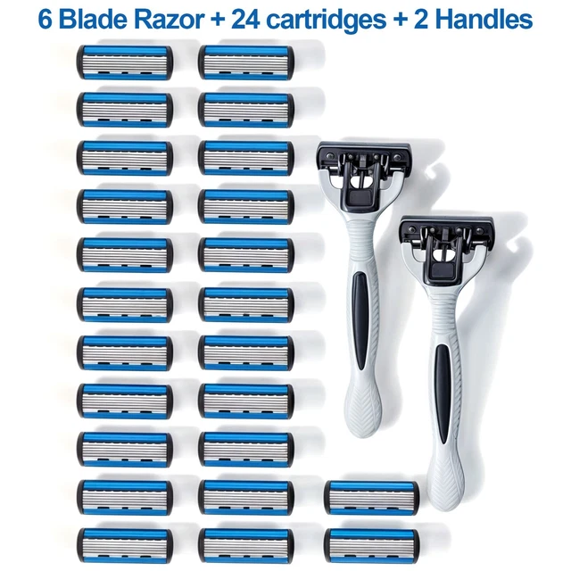 24 STAINLESS STEEL 6 Blades Shaving Disposable Razors with 2 Handles ...