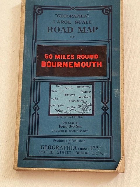 VINTAGE GEOGRAPHIA CLOTH Large Scale Map 50 Miles round Bournemouth, 50 ...