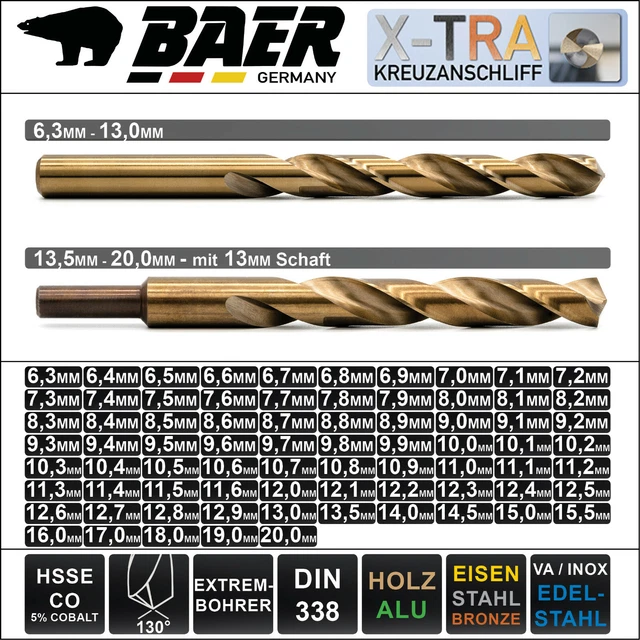 SPIRALBOHRER BAER HSSE / CO Metallbohrer Set Cobalt Bohrer ...