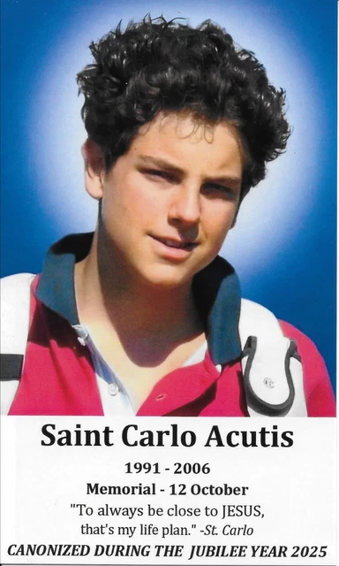 RELIC OF SAINT Carlo Acutis 1" Medal Plus a Laminated Holy Card (5" X 3 ...