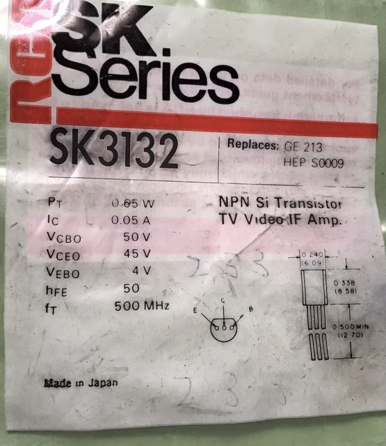 RCA SK SERIES SK3132 NPN Si Transistor TV Video IF Amp. GE-213 ...