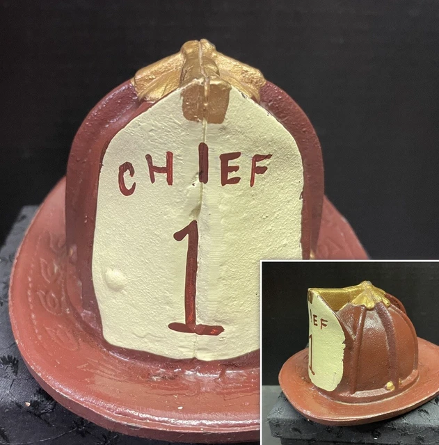 CAST IRON FIRE Chief Fireman Helmet Still Piggy Bank Metal Paperweight ...