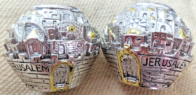 JUDAICA GILT 925 Silver Shabbat Candle Holders / Paperweight Jerusalem ...