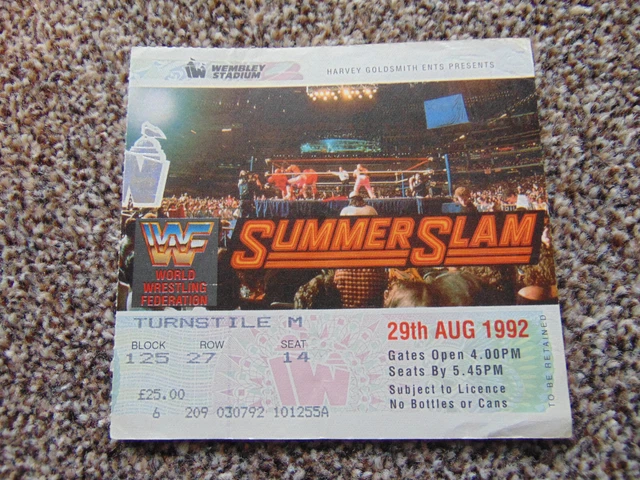 WWF WWE SUMMERSLAM 1992 ticket stub (Wembley Stadium event, Bret Hart ...