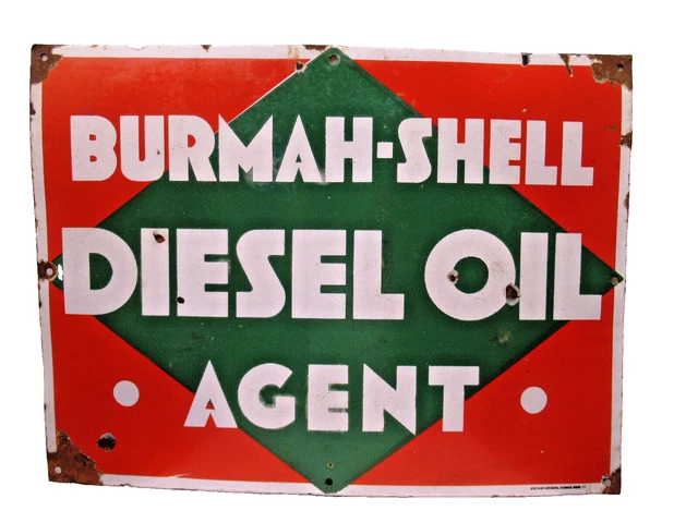 VINTAGE BURMAH-SHELL DIESEL Oil Agent Enamel Sign 24x18" Petrol Gas ...