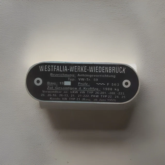 PLAQUE D'IDENTIFICATION D'ATTELAGE de remorque Westfalia pour VW T1 Bus ...