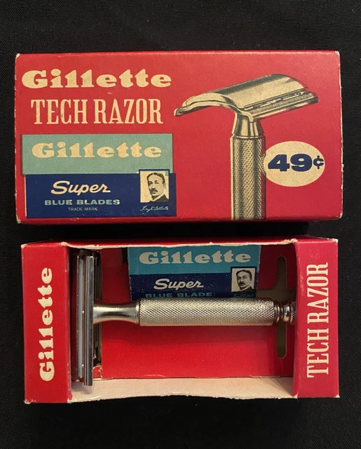 VINTAGE GILLETTE LOGO Tech Razor In Original Box with Blue Blades 1940s ...