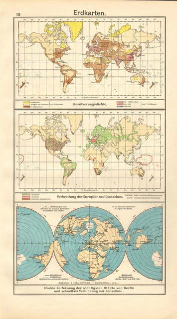1908 MAP ~ The World ~ Population Density Europeans & Distribution Of ...