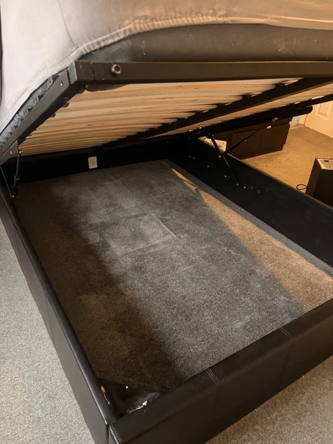 BLACK FAUX LEATHER Double Bed Frame,Wooden Slats,Lift Up For Underneath ...