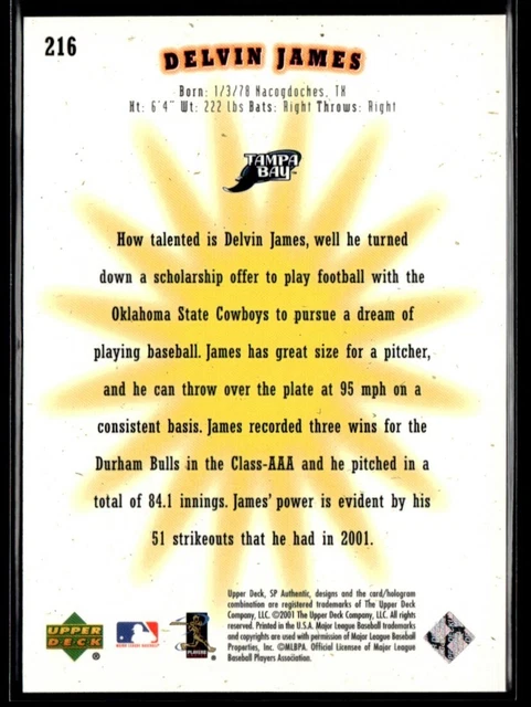 2001 SP AUTHENTIQUE recrue Delvin James 0009/1500 Tampa Bay Devil Rays ...