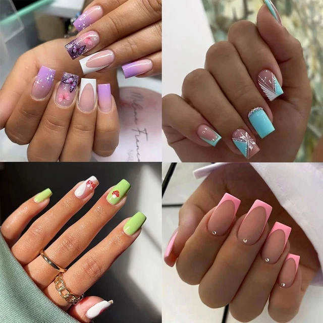 DIY FAKE NIALS Press on Nails Purple Butterfly Long Square French False ...